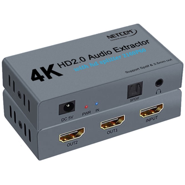 Splitter HDMI 1x2 y Extractor De Audio HD Netcom UHD 4K 60Hz