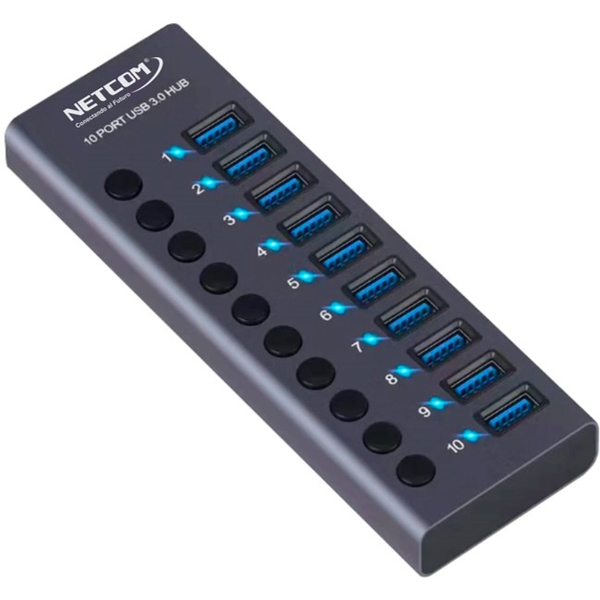 Hub USB 3.0 de 10 Puertos Netcom Con Switch Independiente