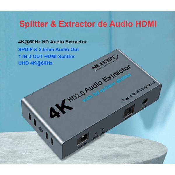Splitter HDMI 1x2 y Extractor De Audio HD Netcom UHD 4K 60Hz