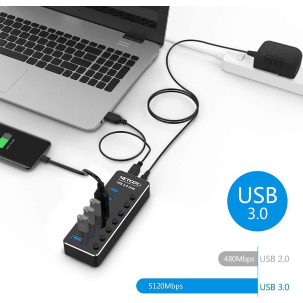 Hub USB 3.0 De 7 Puertos Netcom Con Switch Independientes