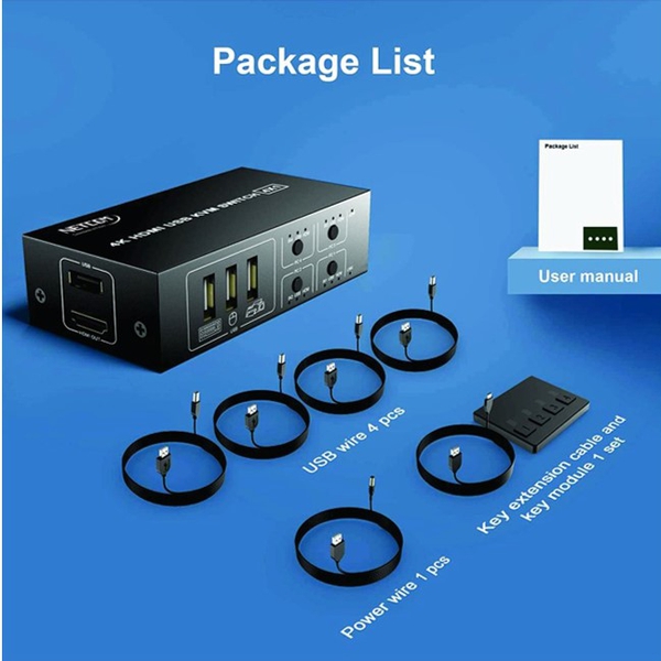 Conmutador KVM 4x1 USB y HDMI Netcom Para Controlar 4 PCs