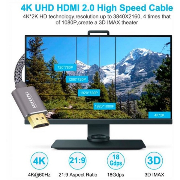 Cable Enmallado HDMI a HDMI Netcom UHD 4K 60Hz 3 Metros
