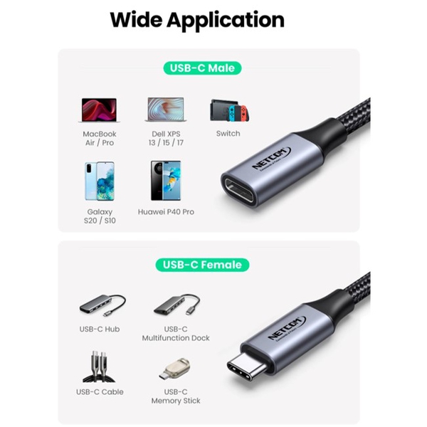 Cable Extensor USB C 3.1 Gen 2 Netcom 1 Metro PD 100W 4K