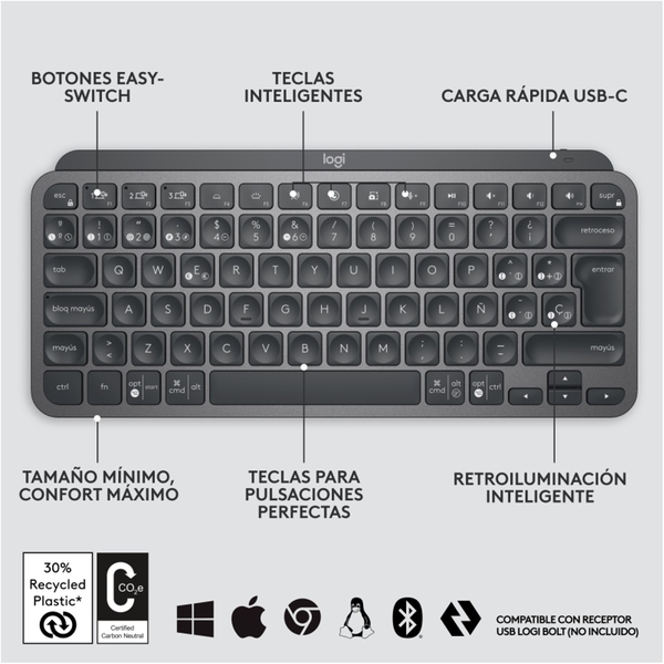 Mini Teclado Inalámbrico Logitech MX Keys Backlit Negro